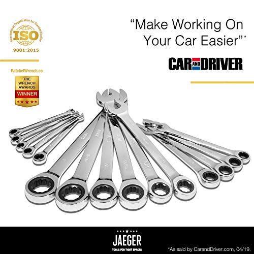Jaeger 15pc Inch TIGHTSPOT 90-Tooth Ratcheting Wrenches MASTER SET - Our LARGEST SAE/INCH SET With Bear Keeper Rollup Case