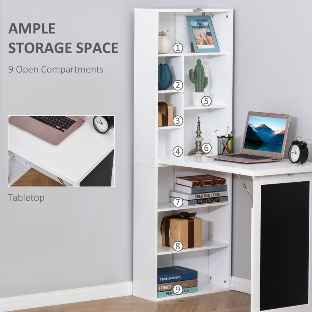 TOQIJUN Folding Wall Mounted Desk, Floating Desk with Chalkboard, Space Saving Fold Up Desk Wall Mounted Convertible Desk, Wall Mounted Table with Storage Shelves & Hooks,White