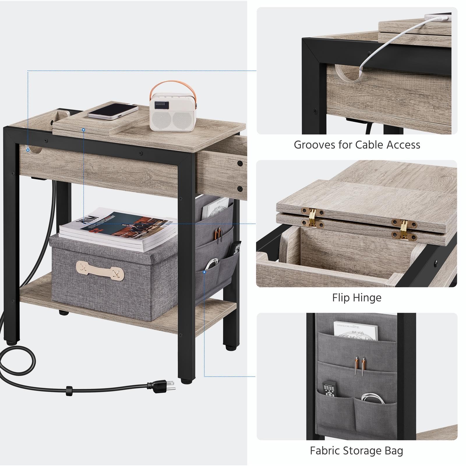 Yaheetech Narrow End Table with Charging Station, Flip Top Side Table with Drawer & Shelf & Removable Fabric Bag, Wood Nightstand Bedside Table with USB for Living Room/Bedroom/Small Space, Gray