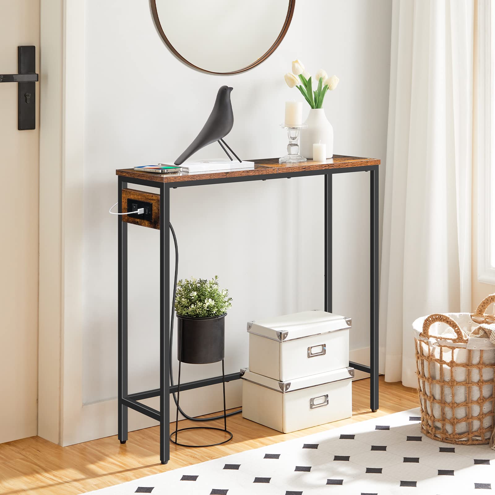 HOOBRO 2 Pack 29.5 Inches Narrow Console Table with Outlets, Small Sofa Table, Entryway Table with Shelves, Side Table, Display Table, for Hallway, Bedroom, Foyer, Living Room, Rustic Brown and Black