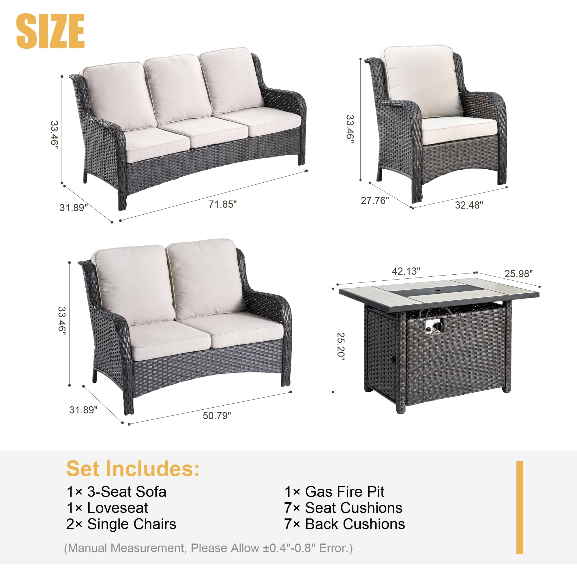HOOOWOOO Patio Outdoor Furniture Set with Large Fire Pit Table,5 Piece Modern Wicker Couch Sofa,Weather Resistant Conversation Seating Set High Back for 7 Persons(Light Gray)