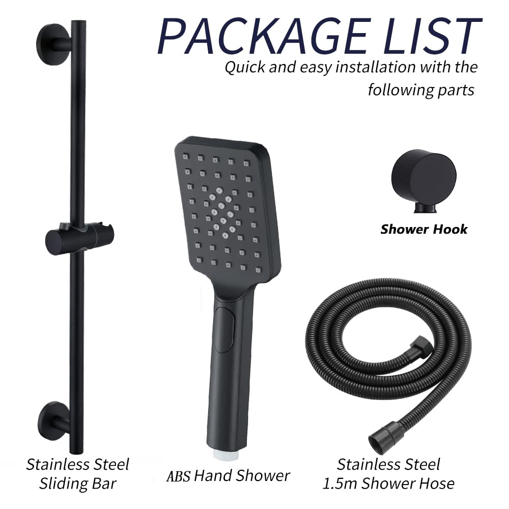 HAUSELIEBE Black Handheld Shower Kit, Universal Handheld Shower Head with Stainless Steel Slide Bars, ABS Shower Head for Bathroom