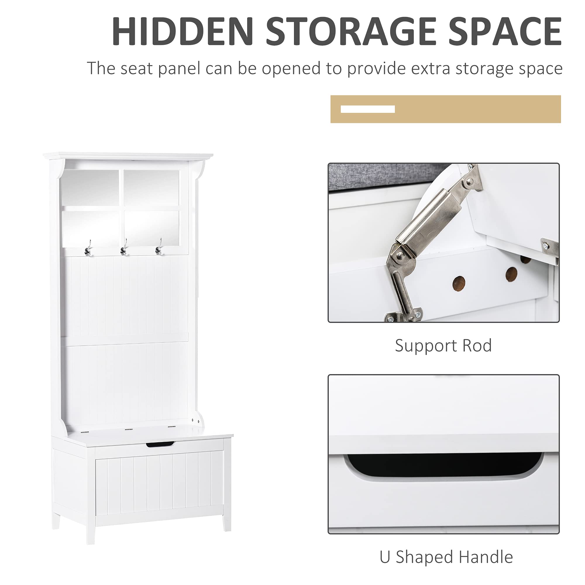 HOMCOM Coat Rack Shoe Bench with Storage 4 in 1 Hall Tree for Entryway Hallway Organizer with Cabinet 3 Hooks Mirrors White