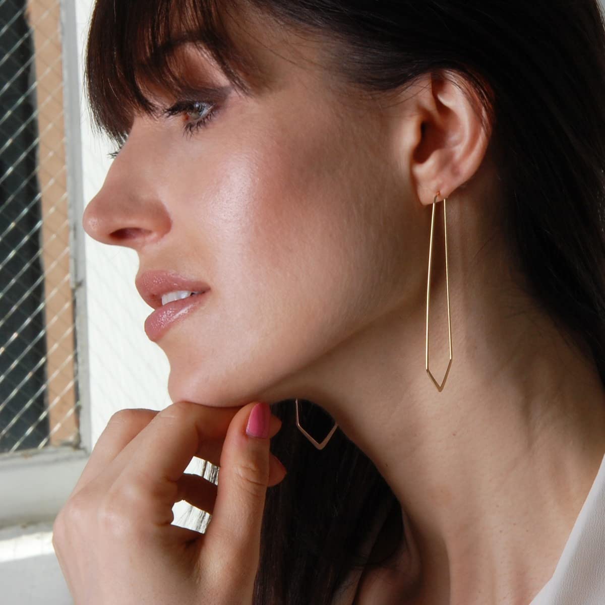 Humble Chic Geometric Chevron Threader Hoop Earrings - Hypoallergenic Lightweight Cutout Thin Wire Drop Dangles, 18K Yellow - 3 inch