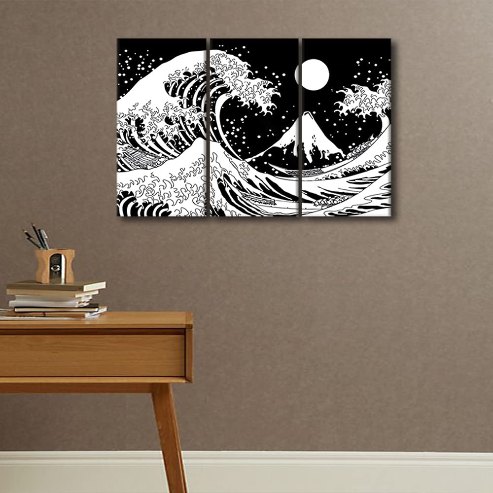 Kanagawa Great Wave Canvas Wall Art Multi Panel Black and White Paintings, Japanese Wave Artwork Home Decor for Living Room Wave with Sun Picture Giclee Framed Stretched Ready to Hang, 36" Wx24 H