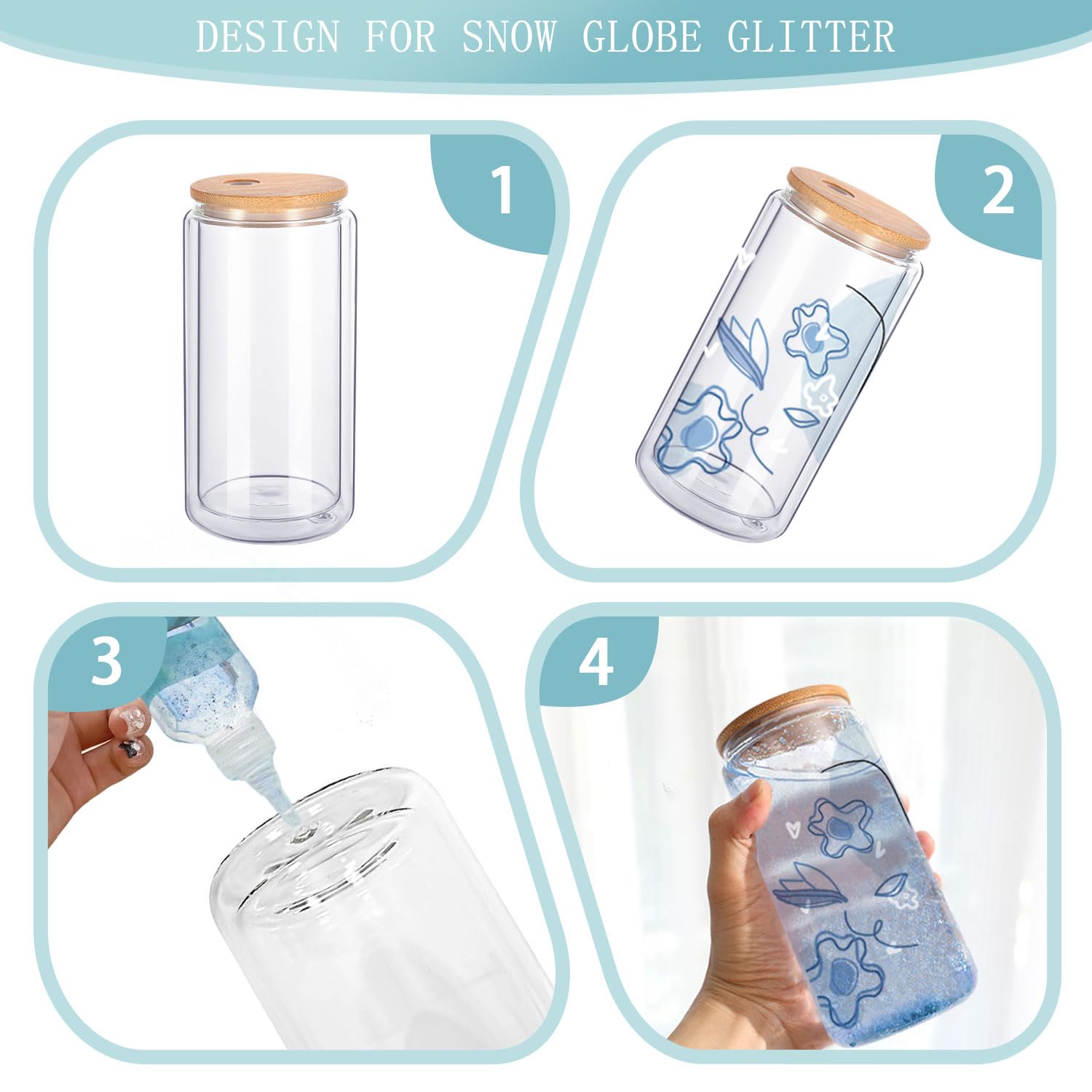 YOUKE OLA 8 Pack Pre Drilled Beer Glass Can Shaped Double Wall Glass Cans Blank with Bamboo Lid & Straws, Glass Cups for Snow Globe Glitter (Clear 12oz)