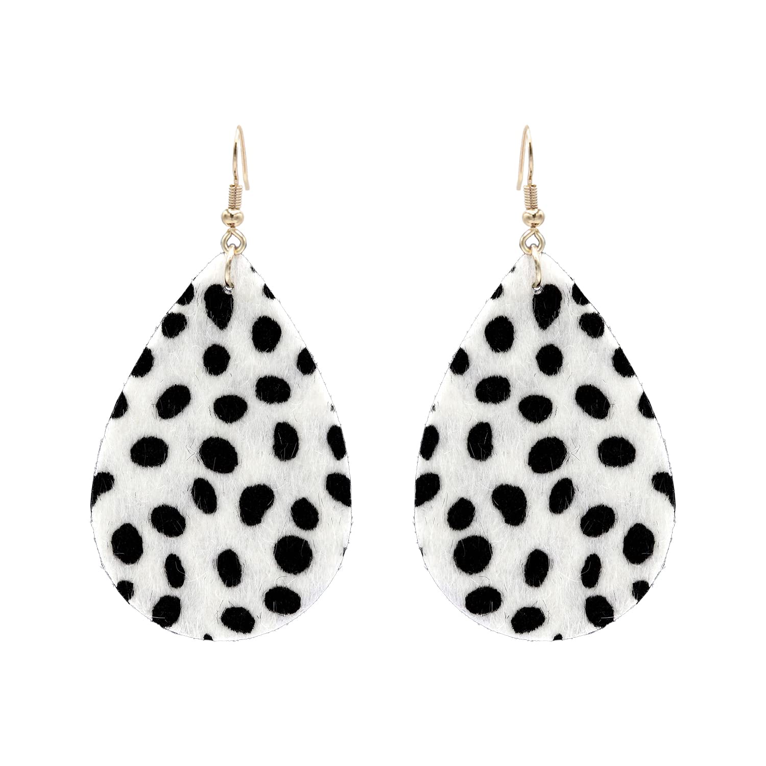 Kathaya Cowhide Both Side Printed Teardrop Hook Earrings Handmade Lightweight Floral Cow Print Earring for Women Girls Dangle Drop Leather Western Earring Set White Black/Brown (Dalmatian)