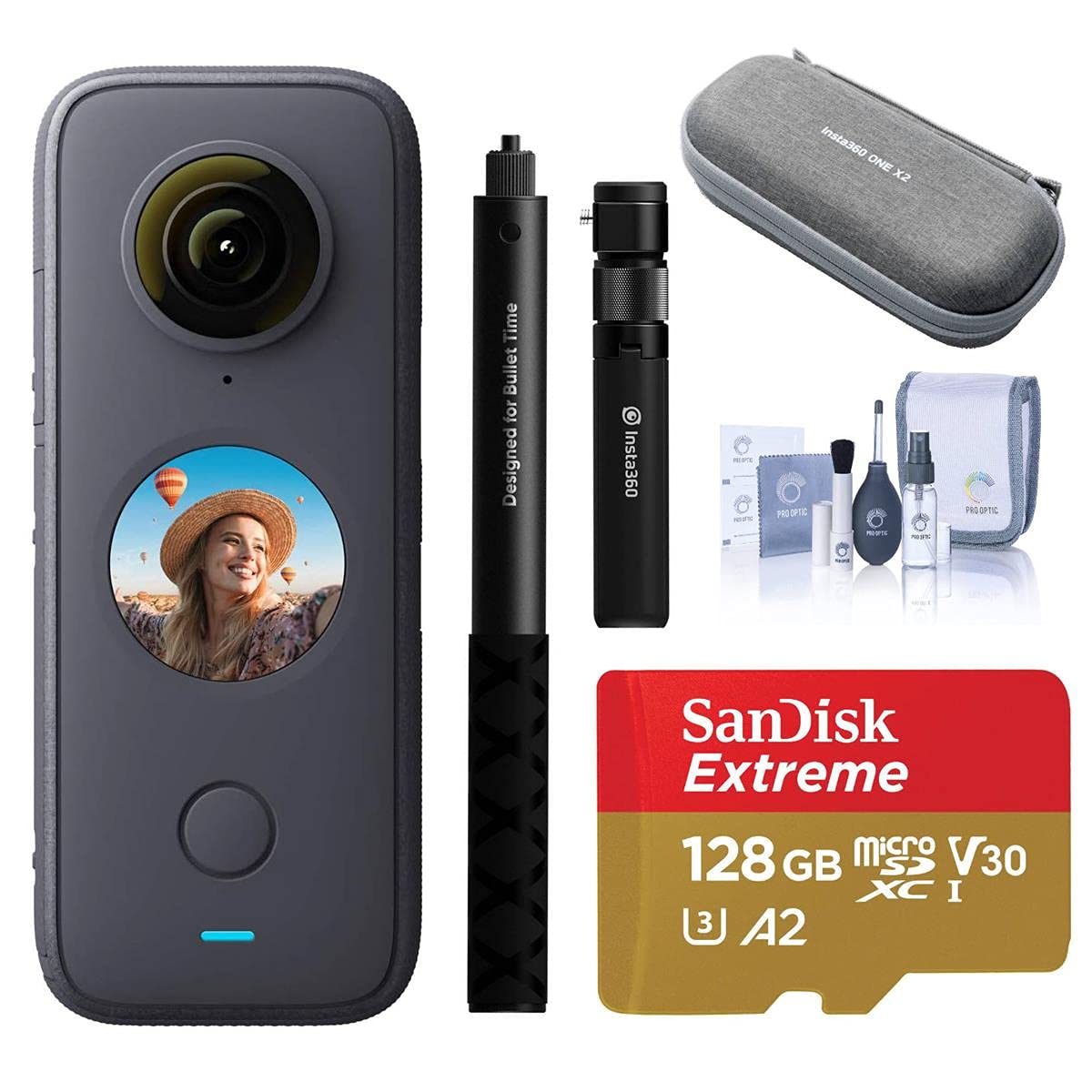 Insta360 ONE X2 360 Degree Waterproof Action Camera Bundle with Bullet Time Handle/Tripod, Selfie Stick, Case, 128GB microSD Card, Cleaning Kit