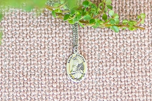 Heartland Store Women's Sterling Silver Oval Saint Agatha Pendant + 18 Inch Rhodium Plated Chain & Clasp