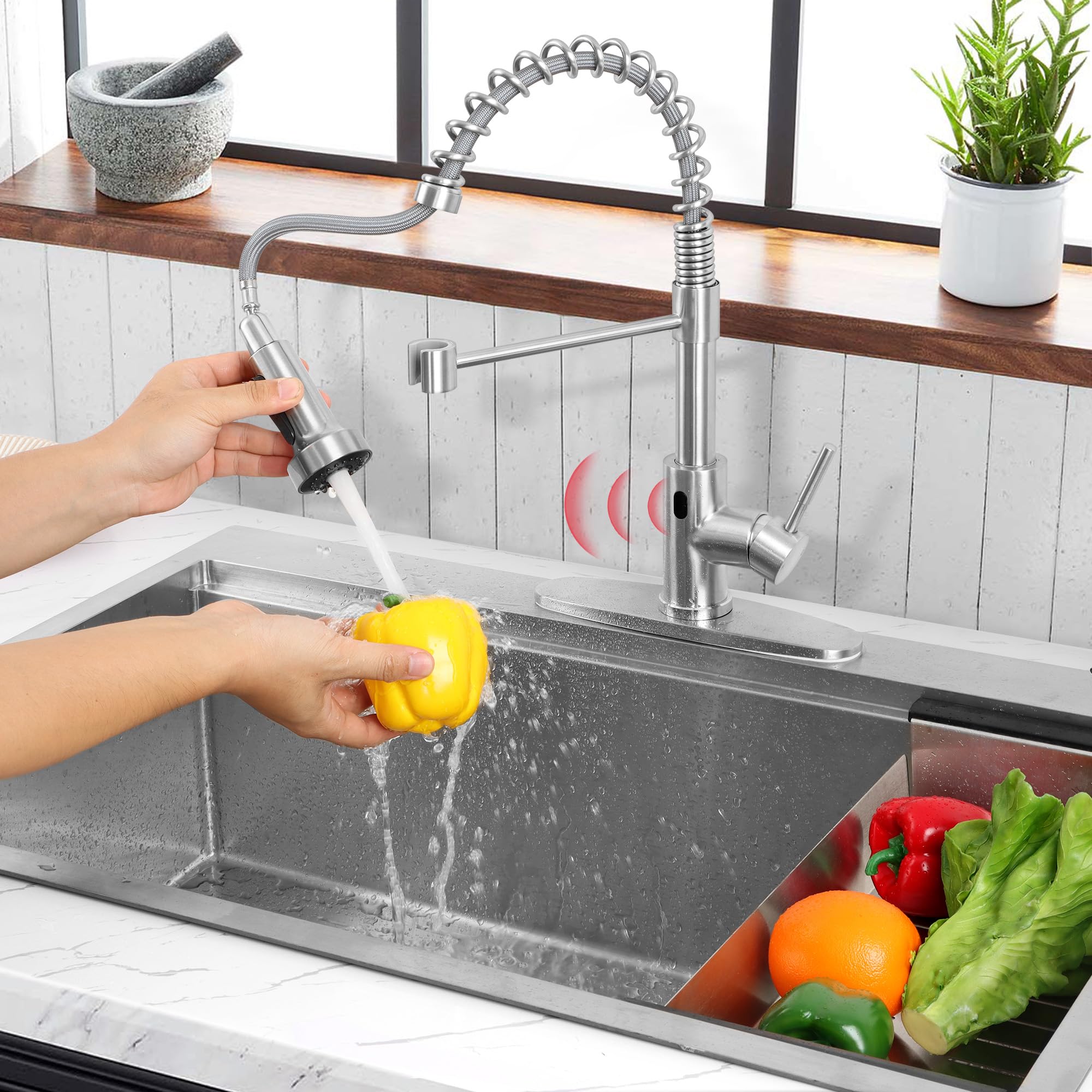 Homikit Touchless Kitchen Sink Faucet with Pull Down Sprayer, Automatic Motion Sensor Smart Faucet, Brushed Nickel Single Handle Spring Kitchen Faucets for Vanity Farmhouse RV, Stainless Steel