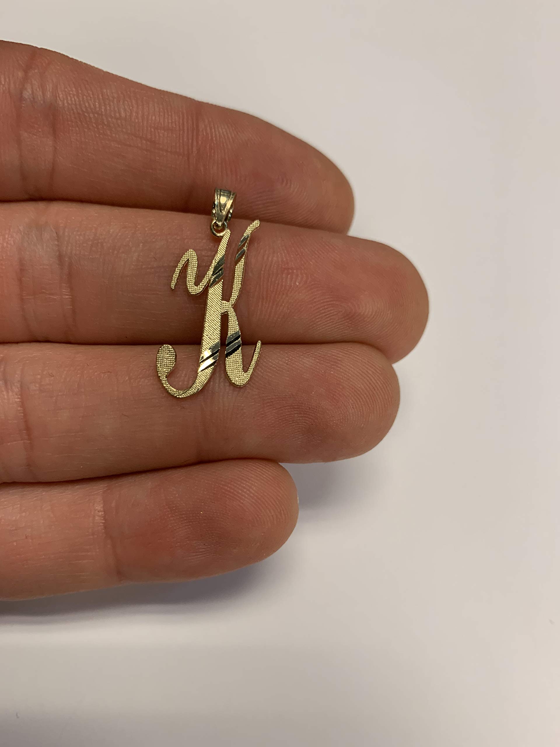 Ice on Fire Jewelry 14k Solid Real Gold Cursive Initial Pendant, English Alpahbet A-Z Letter Charm with Diamond Cut (K)