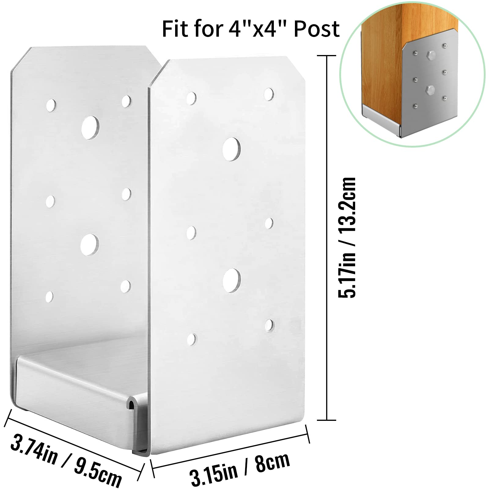 HomiShare 4"x 4" Post Base, 4Pcs Stainless Steel Post Anchor (Inner Size:3.74 x 3.15"), Adjustable Post Bracket Fits for 4"x4" Wood Post, Post Base for Rough Size Lumber (4"x4", 4Pcs)