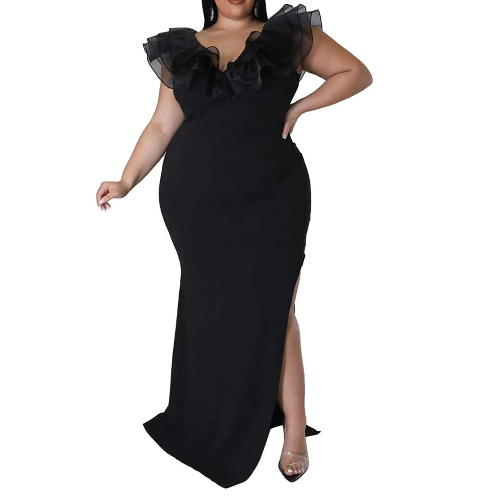 IyMoo Women's Sexy Plus Size Bodycon V Neck Ruffle Mesh Sleeve Backless Cocktail Evening Mixi Dresses Black 4XL