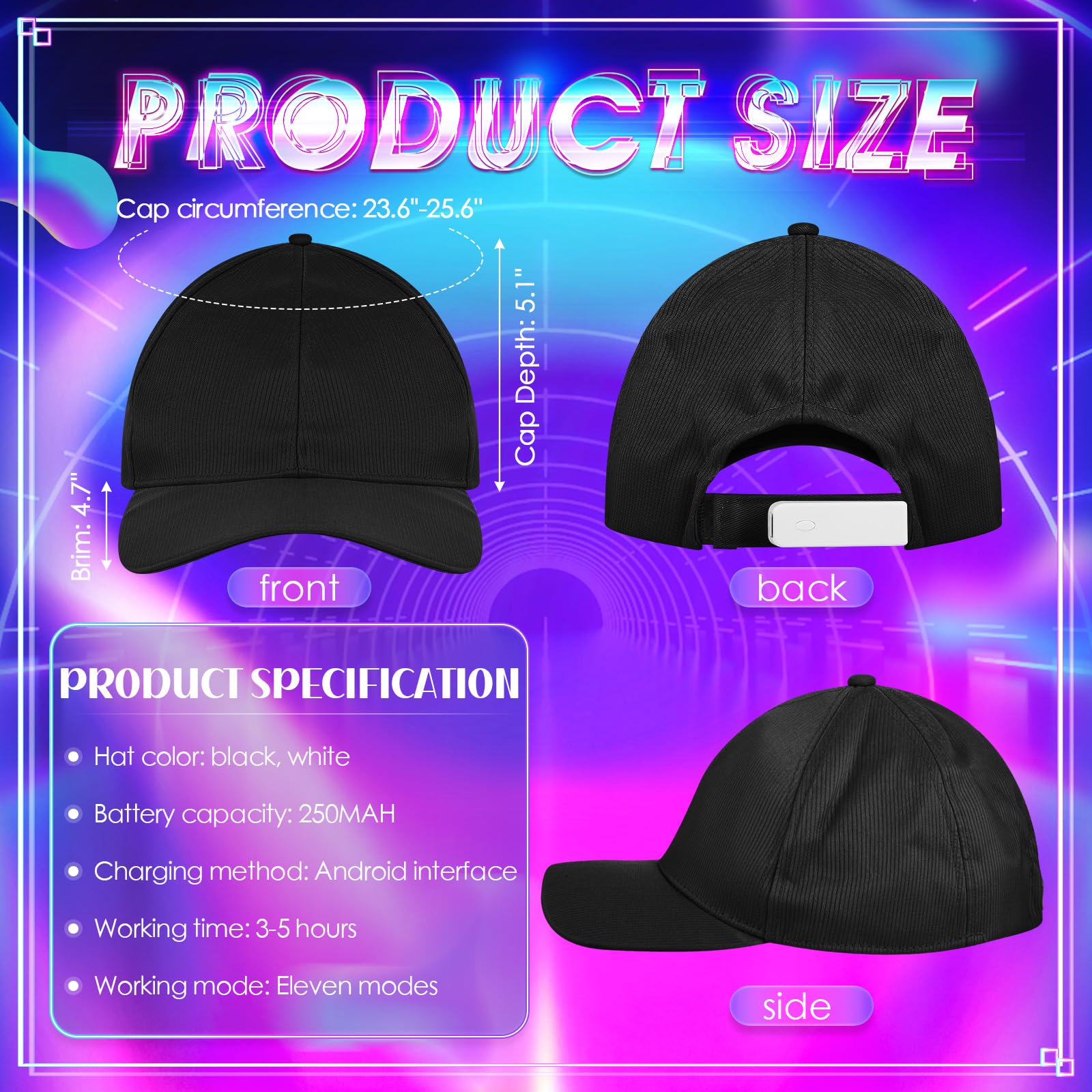 ramede 2 Pcs LED Hat Light up Baseball Cap 7 Colors Fiber Optic Luminous Cap USB Charging Hats for Men Women Flash Glow Hat for Party Club(White, Black)