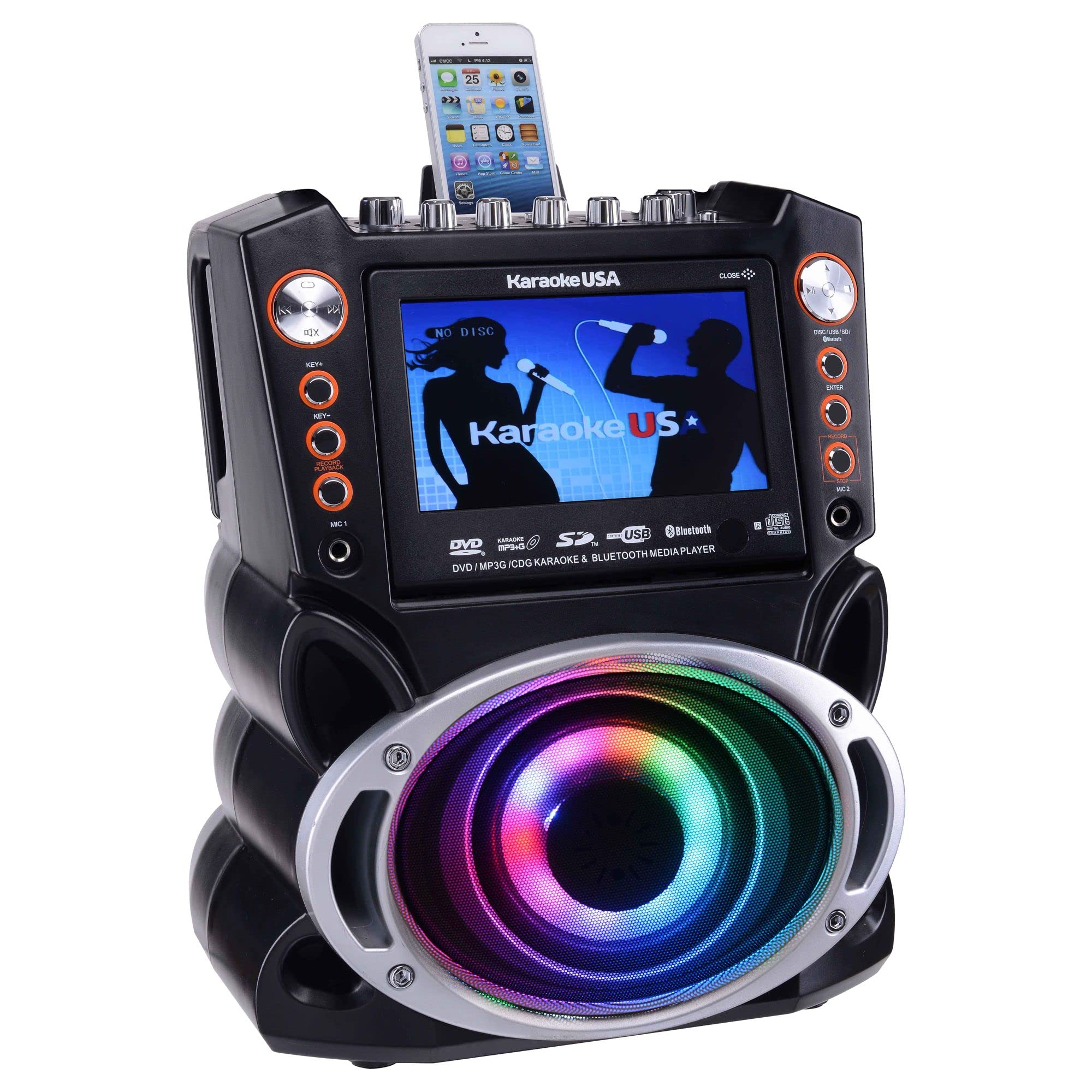 Karaoke USA GF946 GF946 DVD/CD+G/MP3+G Bluetooth 35-Watt Karaoke System with 7-Inch TFT Digital Color Screen, LED Lights, HDMI Output, and 2 Microphones (Black)