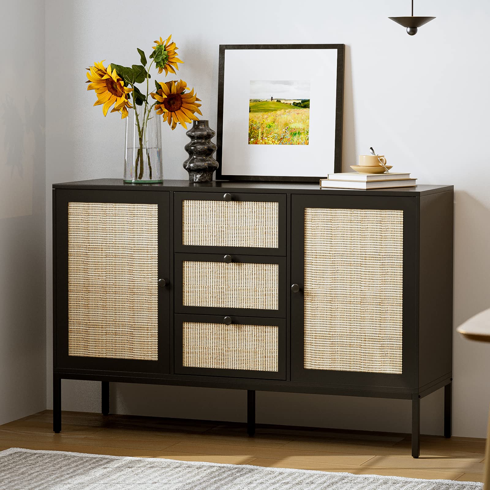 IKIFLY LED Sideboard Buffet Cabinet with 3 Drawers & 2 Doors, Modern Kitchen Rattan Storage Cabinet for Dining Room, Kitchen, Living Room, Entryway