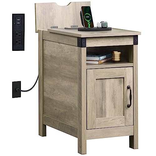 WLIVE End Table with Charging Station, Side Table with USB Ports and Outlets, Narrow Side Table for Small Spaces, Living Room, Couch, Nightstand with Storage, Greige