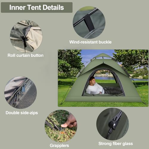 Instant Pop Up Tents for Camping, 2-3 Person Camping Tent Automatic 60s Setup Dome Tent, 2 in 1 Double-Layer Waterproof Family Tent for Hiking Backpacking
