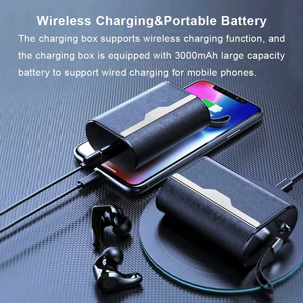 Soiedroo Black Bluetooth True Wireless Earbuds Deep Bass Headphone with Built-in Noise Cancelling Microphone with Super Long Play Hours with Leather Wireless Charging Case