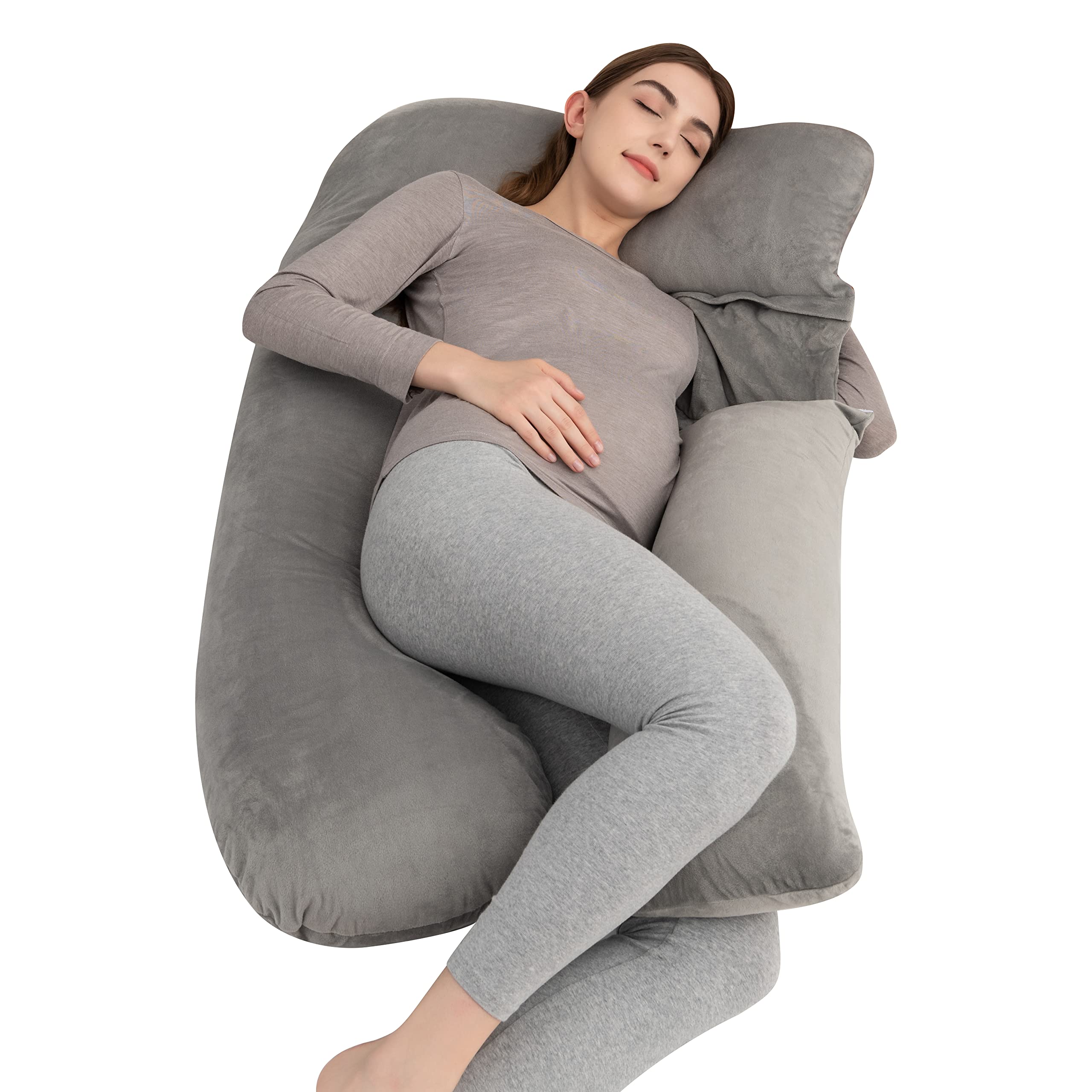 QSCESICO Pregnancy Pillows for Sleeping - Body Pillow for Pregnancy - Memory Foam and Fiber Clusters Maternity Pillow with Removable Washable Velvet Cover(U Shape,Grey