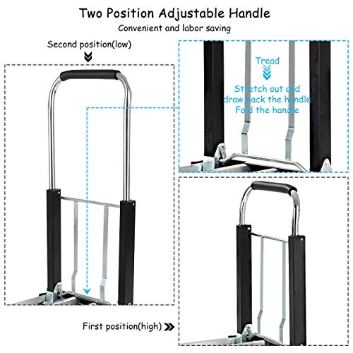 HWZQHJY Folding Aluminum Platform Truck, 4-Wheel Dolly Cart, Height and Length Adjustable, 330-lb Capacity, Silver