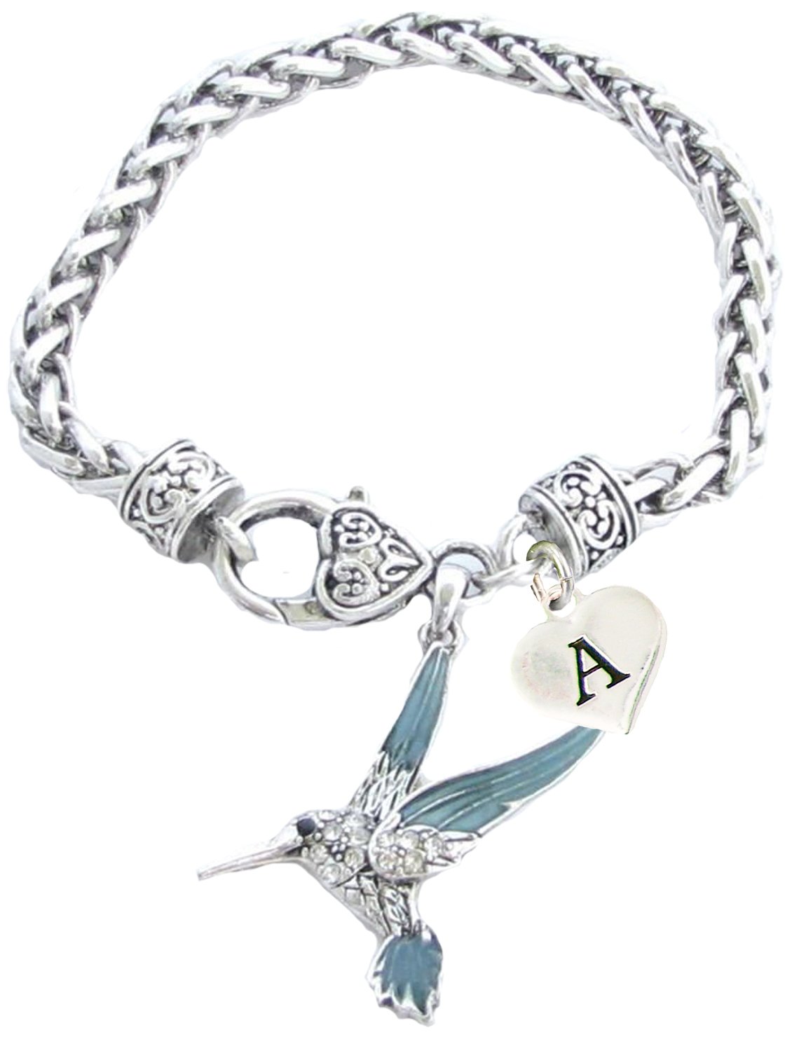 Holly Road Custom Blue Green Hummingbird Silver Bracelet Jewelry Choose Initial 26 Letters