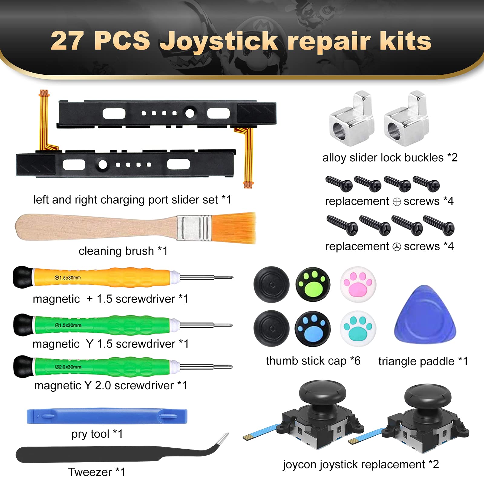 Joycon Joystick Replacement, 2 Pack, Switch Analog Stick Parts for Nintendo Switch Joy Con, Controller Repair Kit Include Thumb 3D Sticks, Left & Right Slider Set, Metal Buckles, and Repair Tool Kit