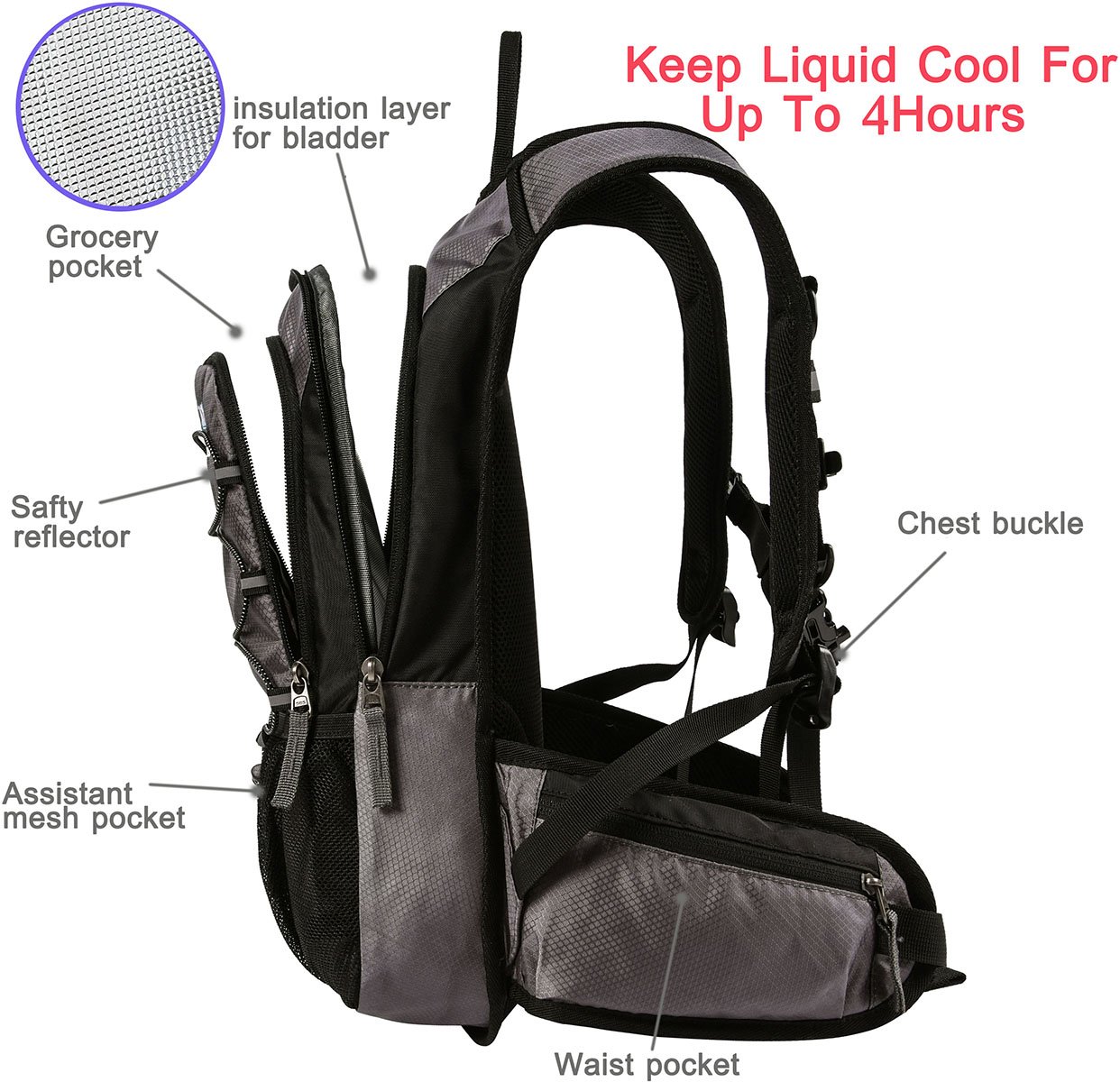 Insulated Hydration Backpack Pack with 2L BPA Free Bladder - Keeps Liquid Cool up to 4 Hours β for Running, Hiking, Cycling, Camping (Grey)