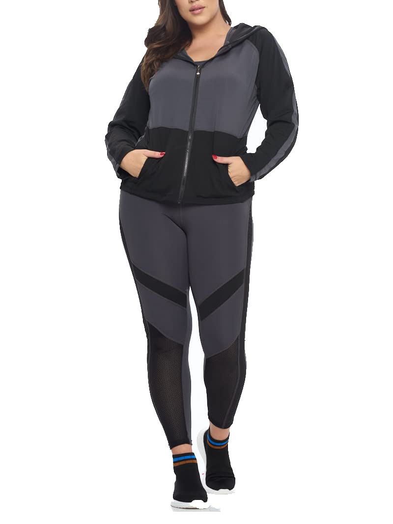 Jvini Women's 3 Piece Tracksuit Set - Full Zip Raglan Sleeve Hoodie Sweatshirt - Racerback Tank & Mesh Leggings Grey/Black LXL US (8-12)