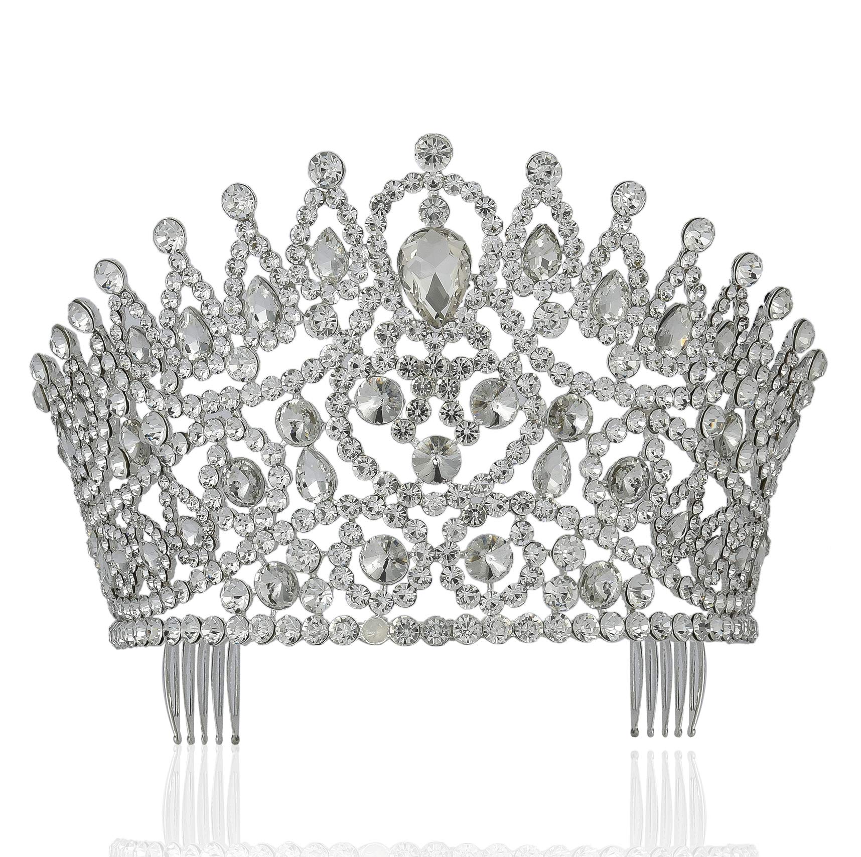 Janefashions Sexy Beauty Queen Clear White Austrian Rhinestone Crystal Large Tiara Crown Hair Combs Jewelry Headpiece Pageant T2178 (Silver With Combs)