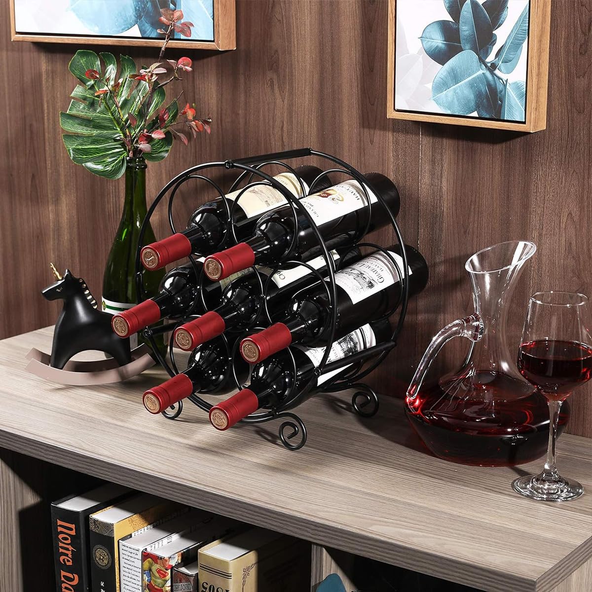 JEBELE Wine Rack Stand of 7 Bottles Freestanding Countertop Metal Wine Rack Small Wine Bottle Organizer Holders Stands Black