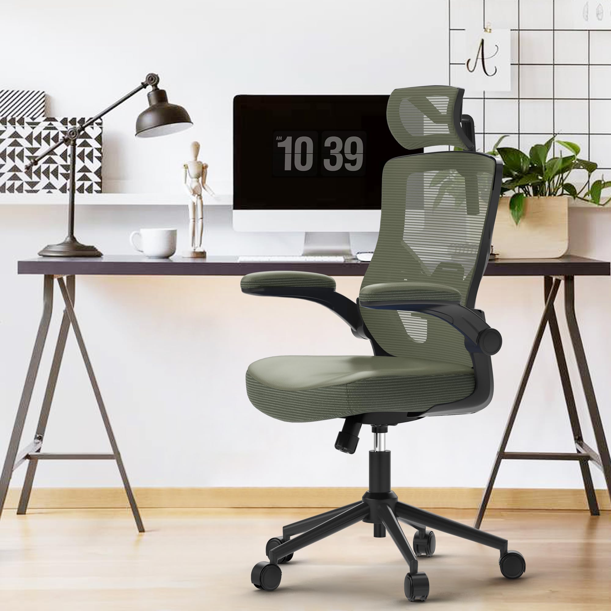 π―πΆπ΄π¬ πΆπππ°πͺπ¬ πͺπ―π¨π°πΉ, Ergonomic Mesh Desk Chair, High Back Computer Chair- Adjustable Headrest with Flip-Up Arms, Lumbar Support, Swivel Executive Task Chair (Hunter Green, Modern)
