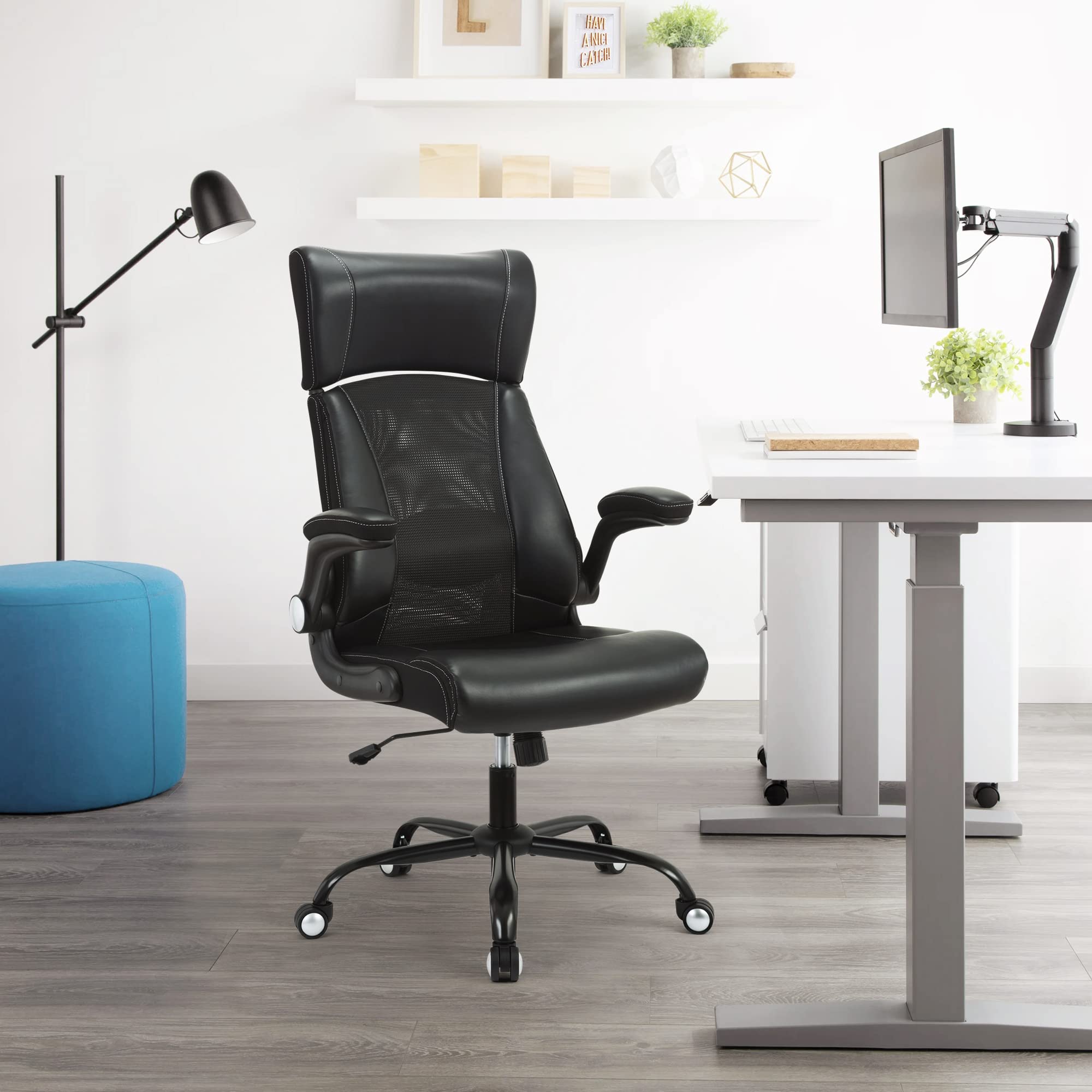 SOERGO Home Office Chair, Ergonomic Desk Chair with Lumbar Support, Faux PU Leather Cushion Mid Back Mesh Executive Computer Chair-Adjustable Headrest, Armrest, Height for Home Office Gaming, Black