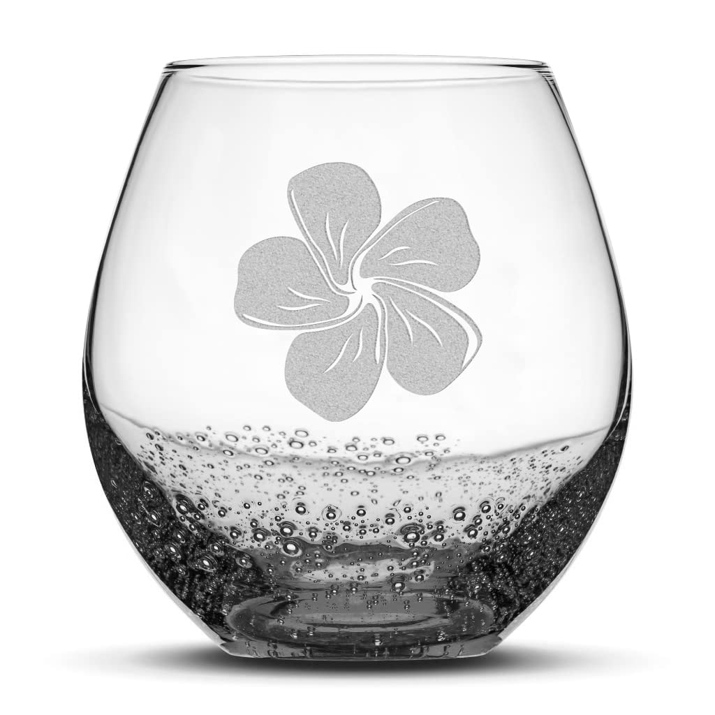 Integrity Bottles, Single Plumeria, Stemless Wine Glass, Handmade, Handblown, Hand Etched Gifts, Sand Carved, 18oz (Bubble Smoke)