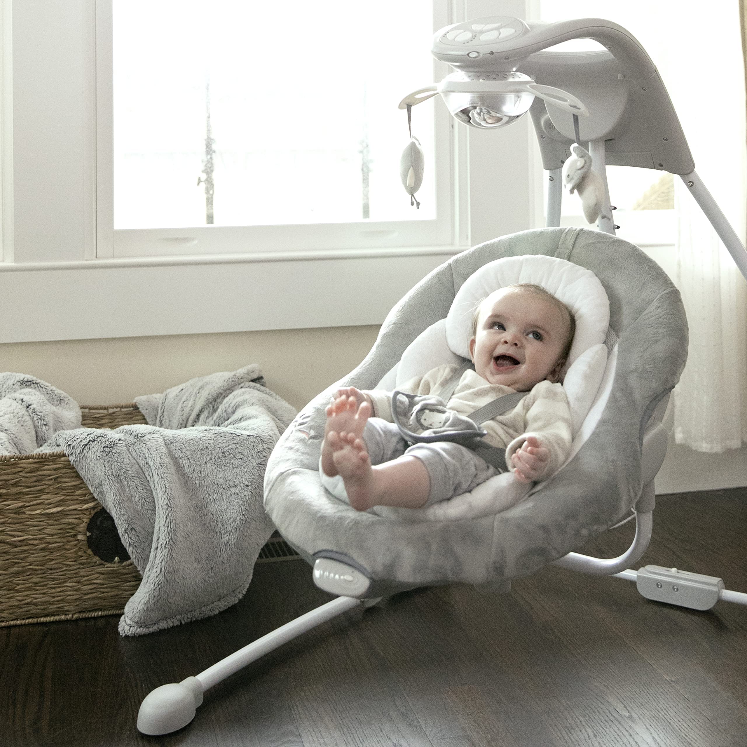 Ingenuity InLighten 6-Speed Foldable Baby Swing with Light Up Mobile, Swivel Infant Seat and Nature Sounds, 0-9 Months Up to 20 lbs (Twinkle Tails Bunny)