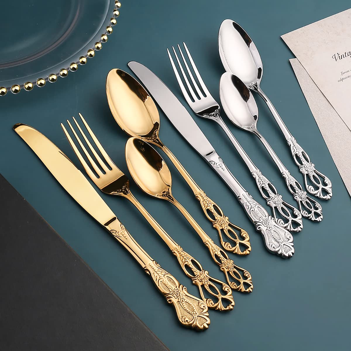 IKXO 35 Piece Silverware Set ,Stainless Steel Silverware Set, Modern Sleek Flatware Set, Include Knife Fork Spoon Long Teaspoon Salad Fork Mirror-Polished Dishwasher Safe Cutlery