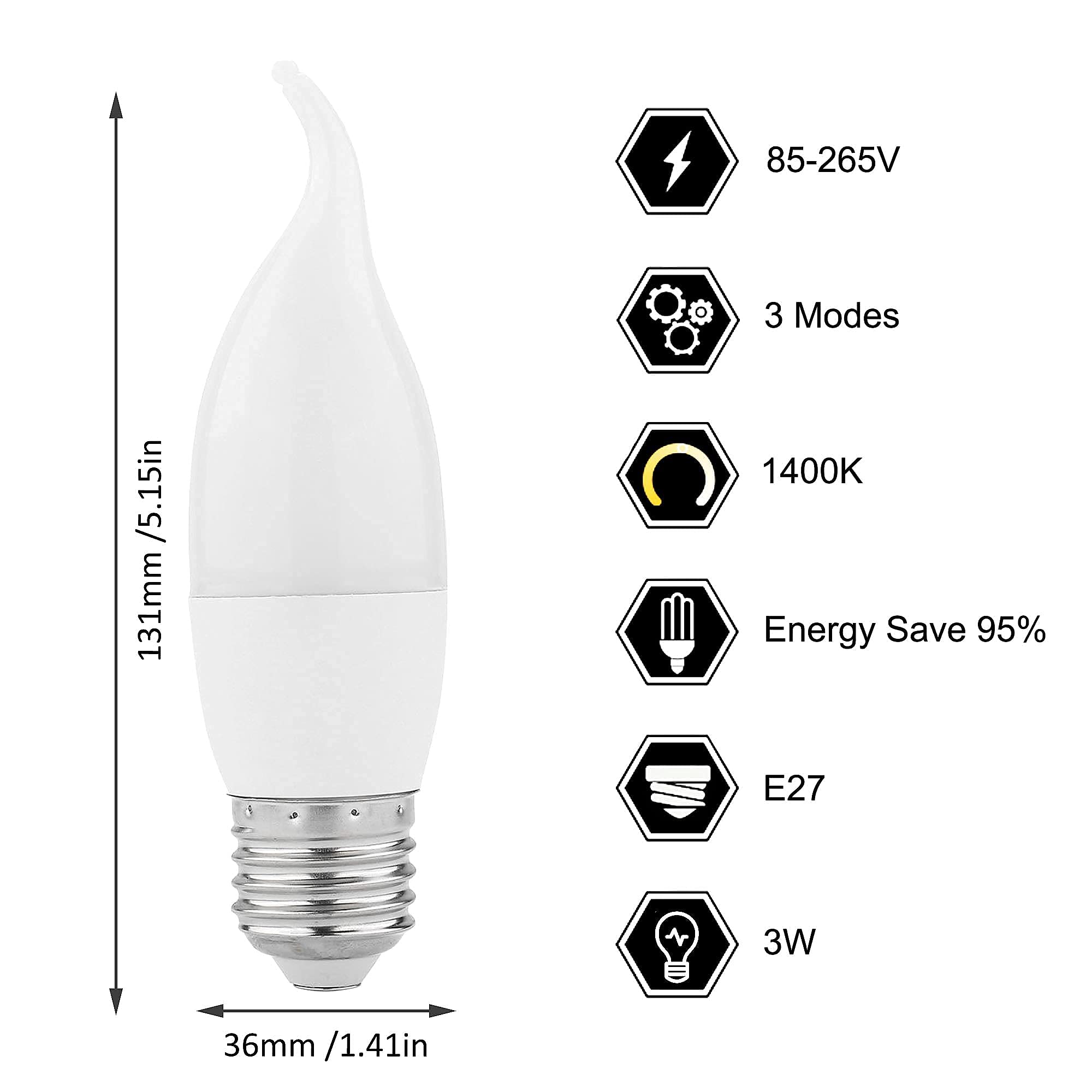 Kitmose 6 Pack LED Flame Effect Light Bulbs,3 Modes LED Candelabra Flickering Flame Light Bulb E26/E27,5W Candle Flame Tip Chandelier fire Light Bulb for Halloween Christmas Party Decor