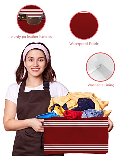 Storage Cubes Organizer with Handles, Rustic Farmhouse Storage Bins Fabric Collapsible Storage Baskets for Shelf Closet Nursery Cloth Organizers Box Burgundy Stripes 2pcs-15x11x9.5in