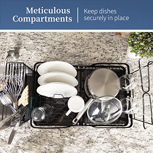 Kitsure Dish Drying Rack, Rustproof Dish Rack with Large Capacity for Dishes, Pans, Glasses & Cutlery, Foldable & Compact Dish Drainer with Easy Installation & Adjustable Water Outlet