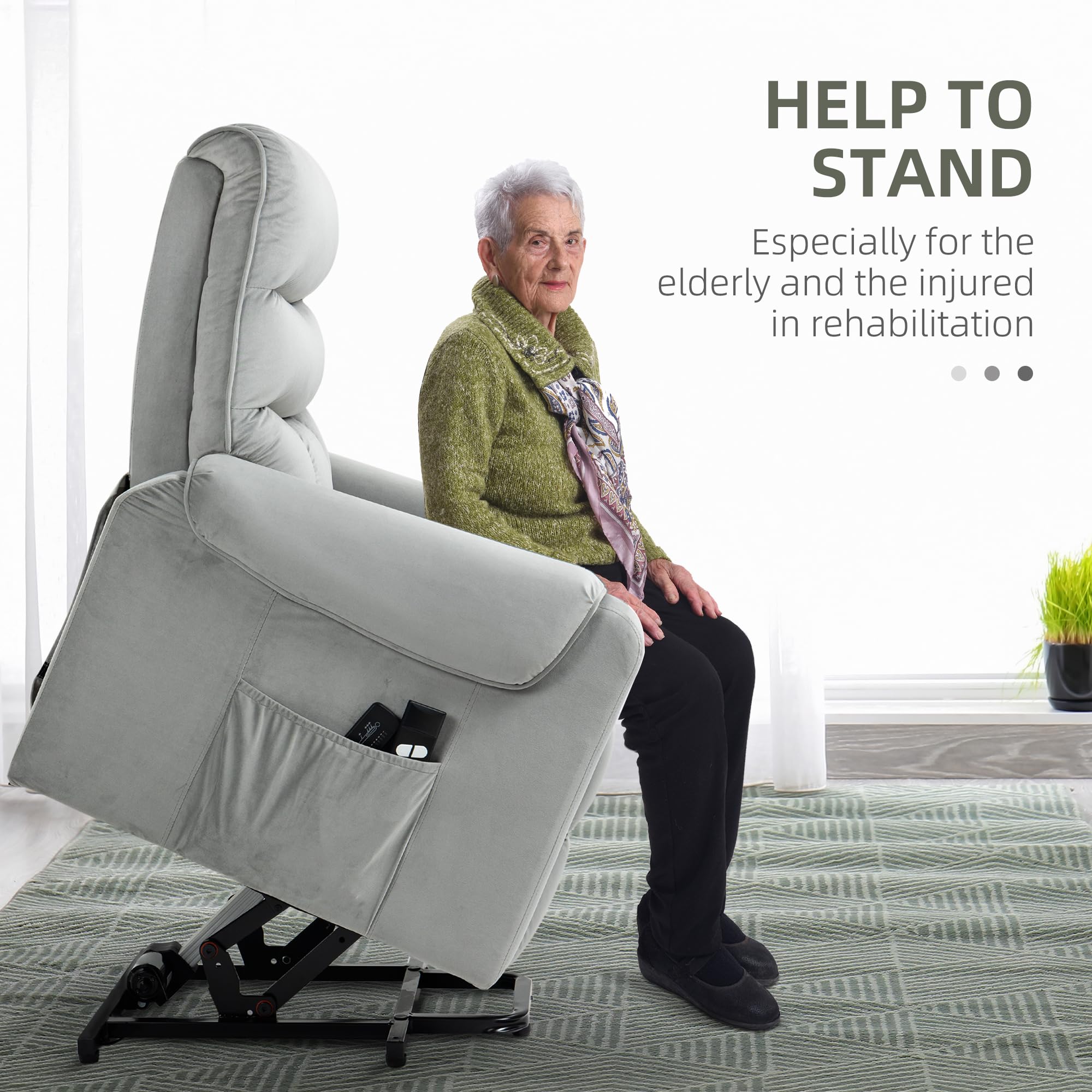HOMCOM Power Lift Chair, Velvet Touch Upholstered Recliner Chair for Elderly with Vibration Massage, Remote Control, Side Pockets, Grey