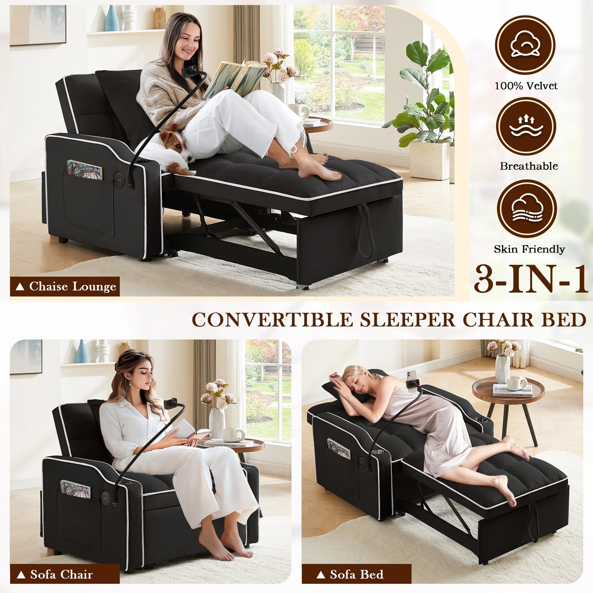 YASHFU 3 in 1 Sleeper Sofa Couch Bed, Velvet Convertible Loveseat Sleeper Sofa with USB Port and Ashtray & Swivel Phone Stand, Storage Pockets, Pull Out Loveseat Sleeper for Living Room(Grey)
