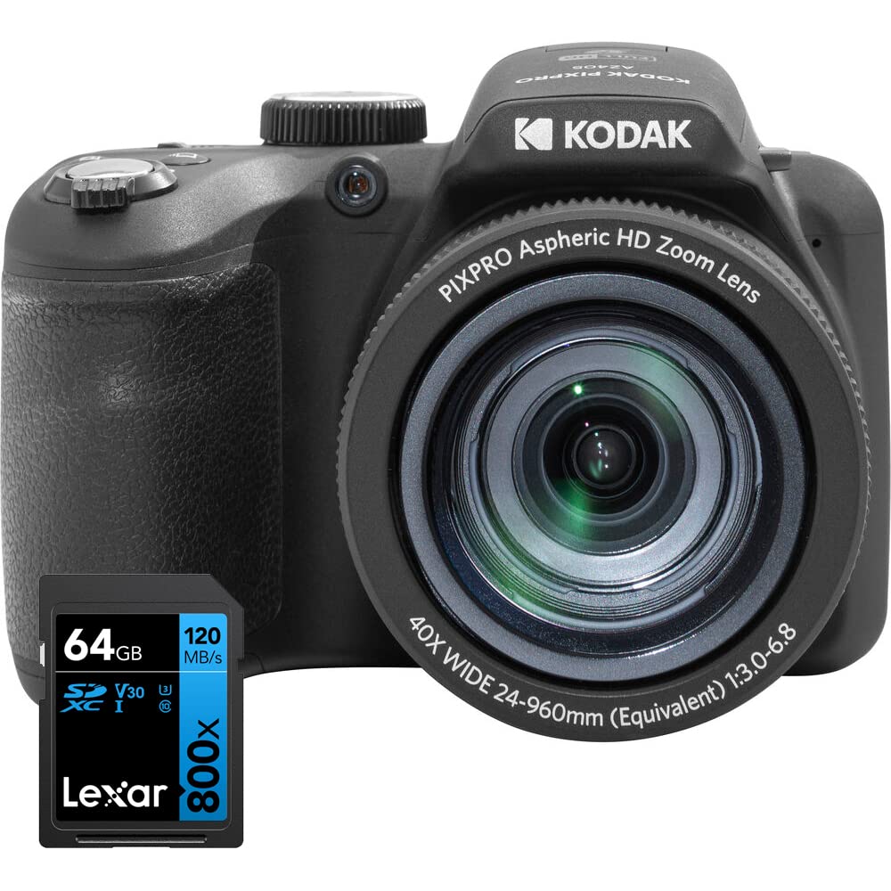 Kodak AZ405BK PIXPRO Astro Zoom 20MP Digital Camera 40X Optical Zoom 24mm Black Bundle with Lexar 64GB High-Performance 800x UHS-I SDHC Memory Card Blue Series