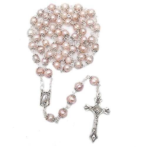 Jirehjill Rosary Beads Catholic for Woman - Pink Natural Real Pearl Rosary Beads.