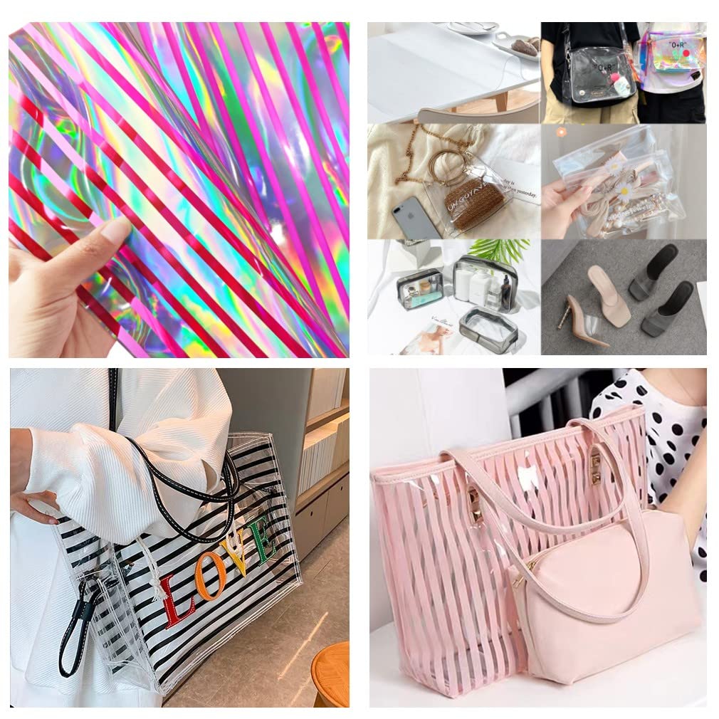 HYANG Laser Stripes Transparent Blue PVC Faux Leather 1 Roll 12"X53"(30cmX135cm), PVC Leather Very Suitable for Leather Earrings, Bows, Handbag , Mat Bag ,Crafts Making