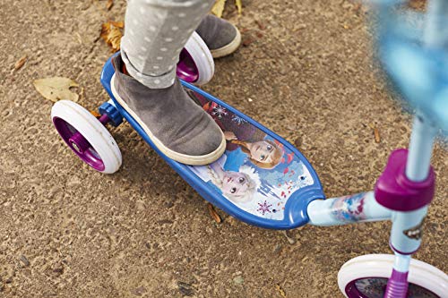 Huffy 78919 Frozen 2 Girl Scooter for Kids, Elsa & Anna Graphics, Handlebar Bin, Preschool Three Wheels & Streamers, Blue/White