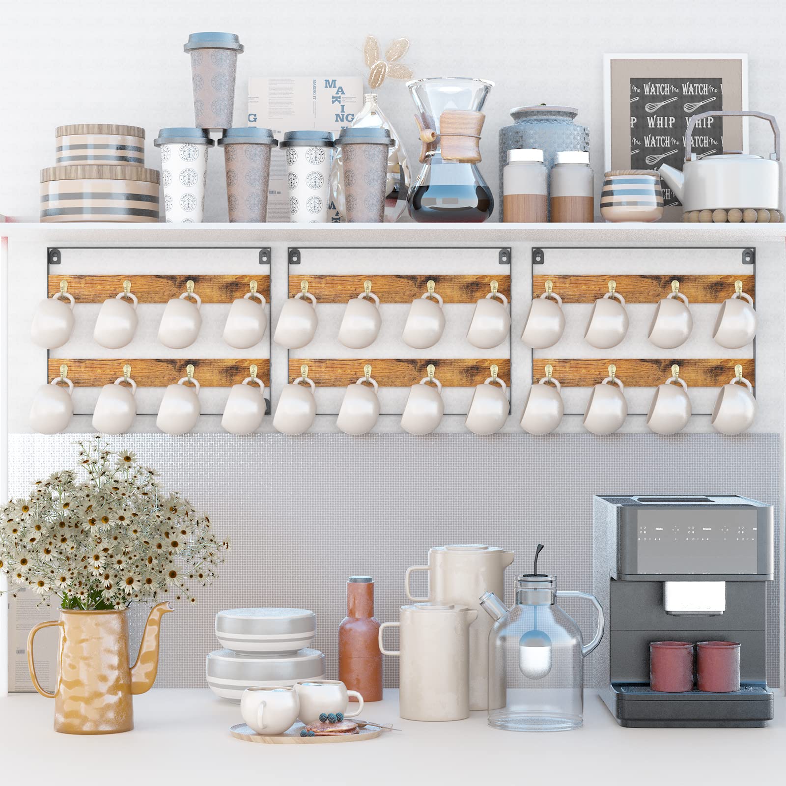 Huxitocan Mug Racks for Wall, Coffee Mug Holder Wall Mount Up to Hold 24 Mugs, Coffee Mug Rack Wall Mounted(3Pack) for Kitchen, Home, Coffee Bar, Rustic Wood and Iron