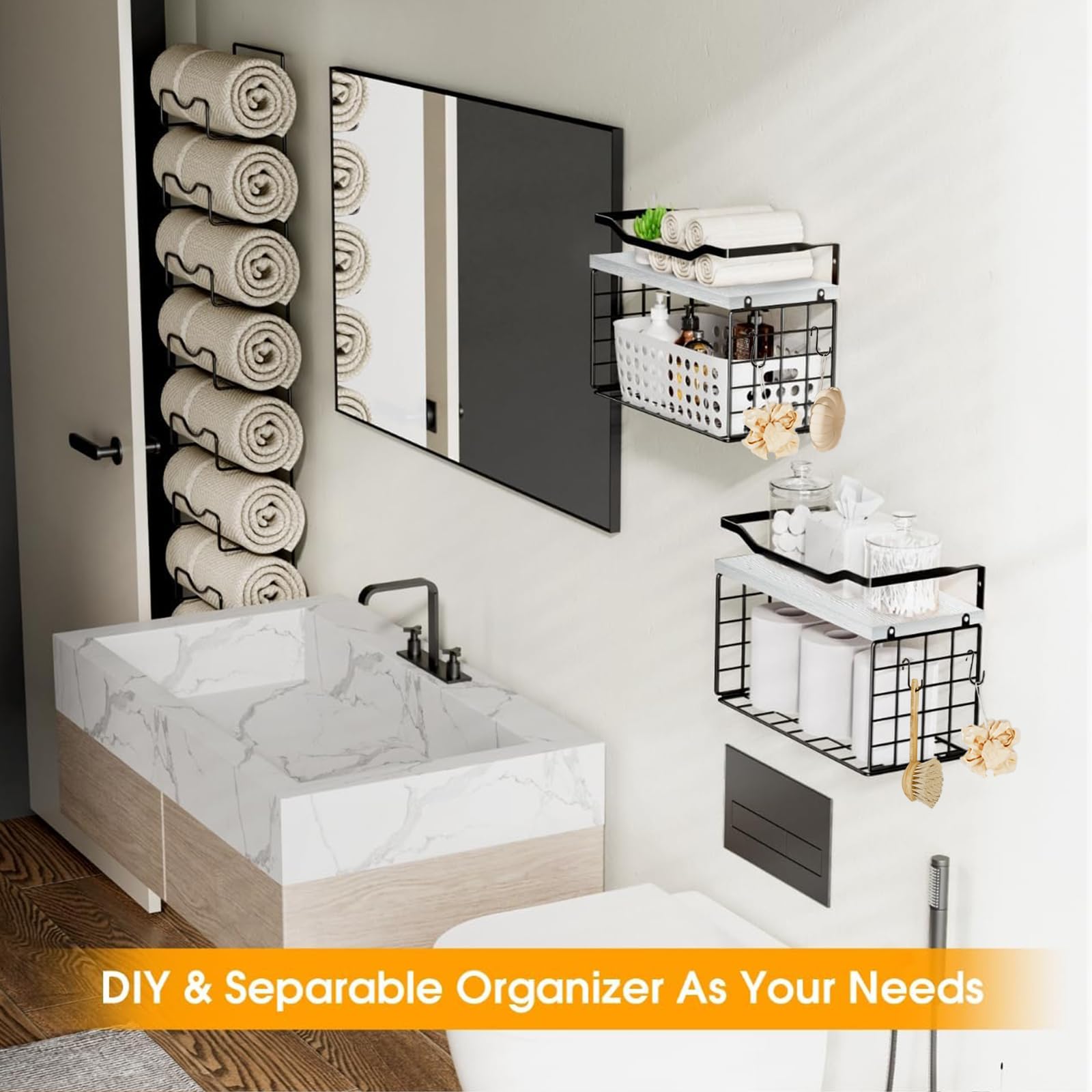 Towel Racks for Bathroom,Towel Rack Wall Mounted, 6 Tier Rolled Or Folded Towel Holder with Floating Shelves, Bathroom Towel Holder for Bath, Hand Towels,Metal,Full White