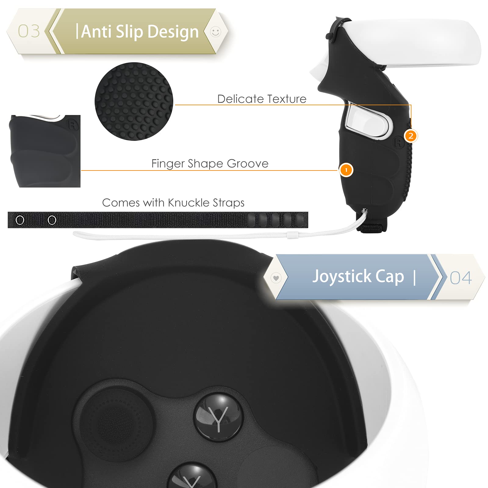 imeux Touch Controller Grip Cover for Oculus Quest 2 Halo Strap Anti-Slip Protective Sleeve Shell Soft Silicone Handle Protector with Anti-Throw Adjustable Wrist Knuckle Strap (Black)