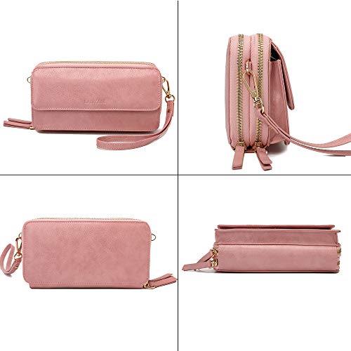 Women Crossbody Wallet RFID Blocking Cell Phone wristlet Purse with shoulder strap small cross body bag (Pink