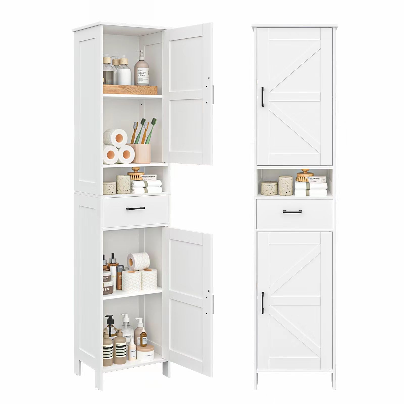 Homhedy 67" H Tall Bathroom Storage Cabinet with 2 Barn Doors and 1 Drawer,Storage Cabinet, Adjustable Shelves,Floor Cabinet for Bathroom, Living Room, Entryway, Kitchen, White